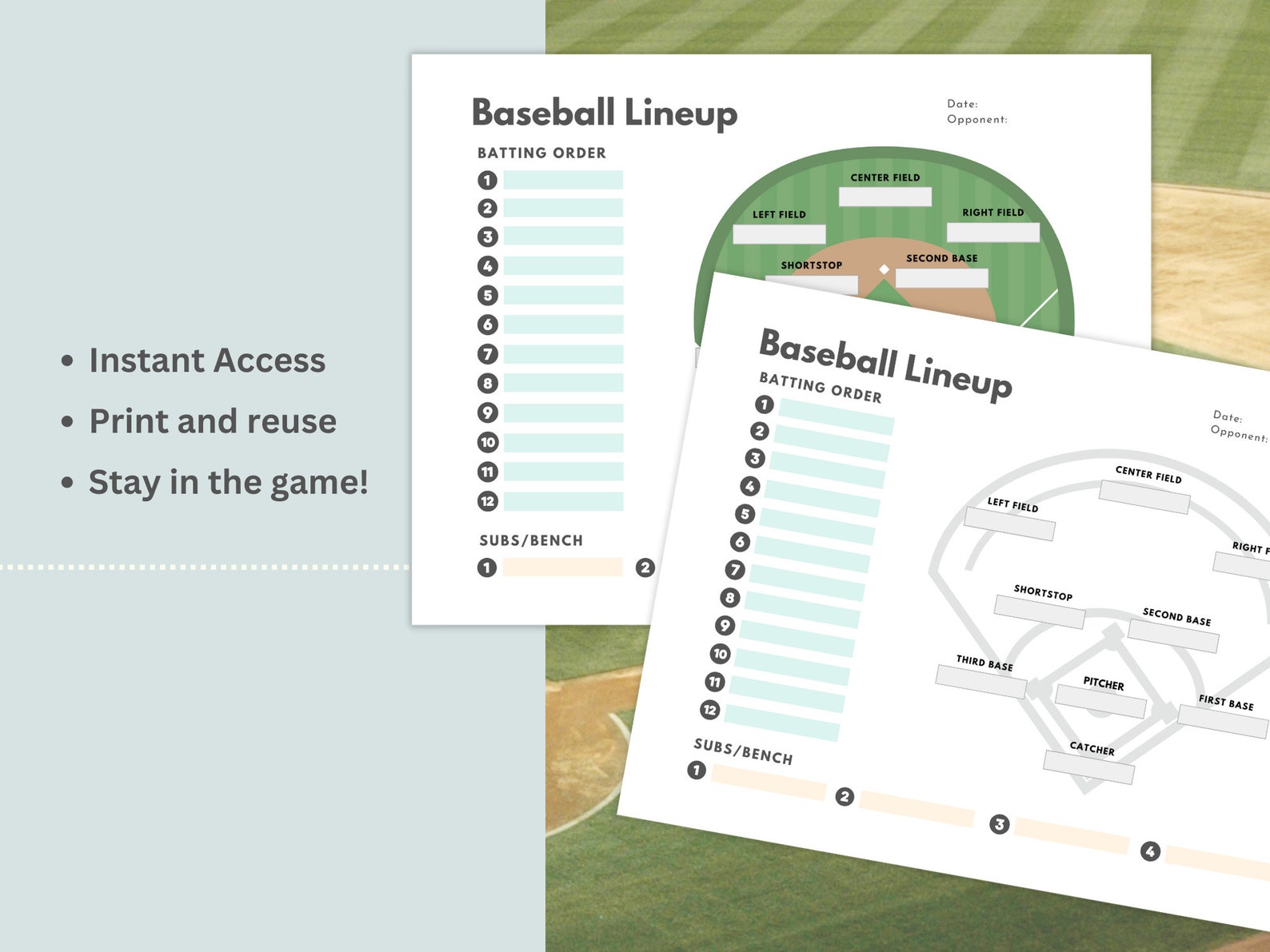 Instant Download Baseball Lineup and Field Position Sheet - Etsy
