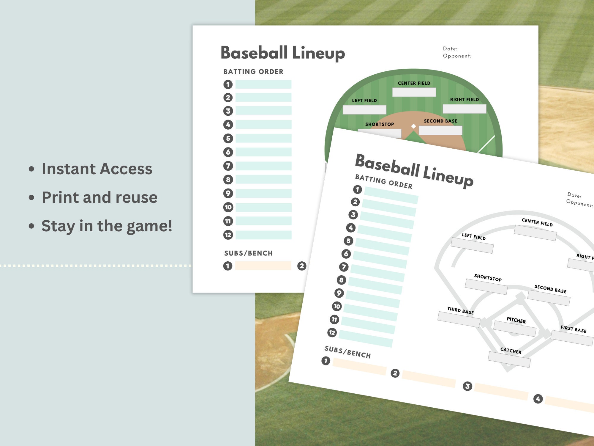 Instant Download Baseball Lineup and Field Position Sheet - Etsy