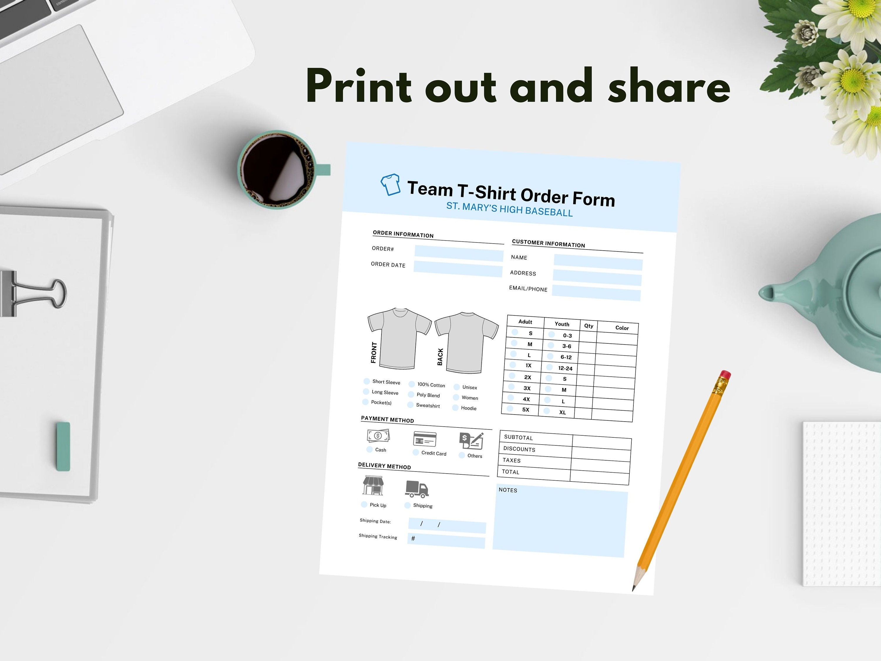 Editable T-shirt Uniform Order Form Team Sign up Sheet Printable ...
