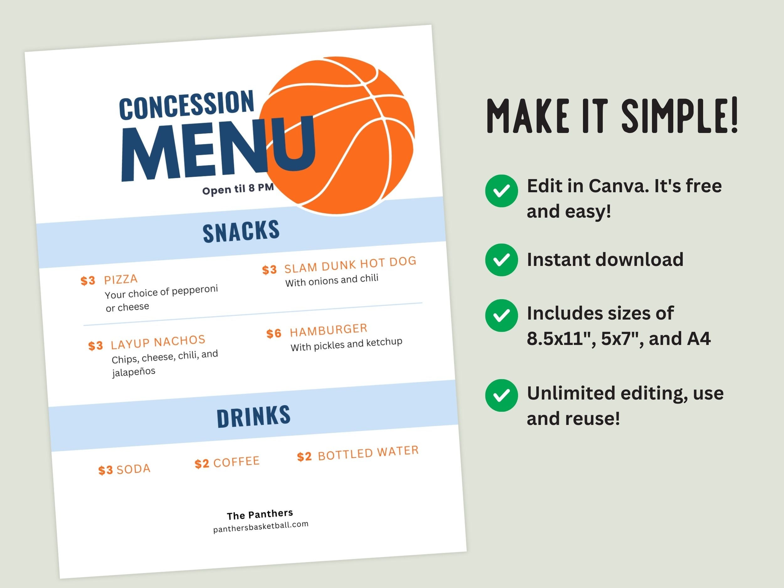 Digital Editable Concession Stand Menu, Basketball Instant Download ...