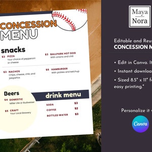 Editable Concession Stand Menu Baseball Digital Instant Download Canva ...