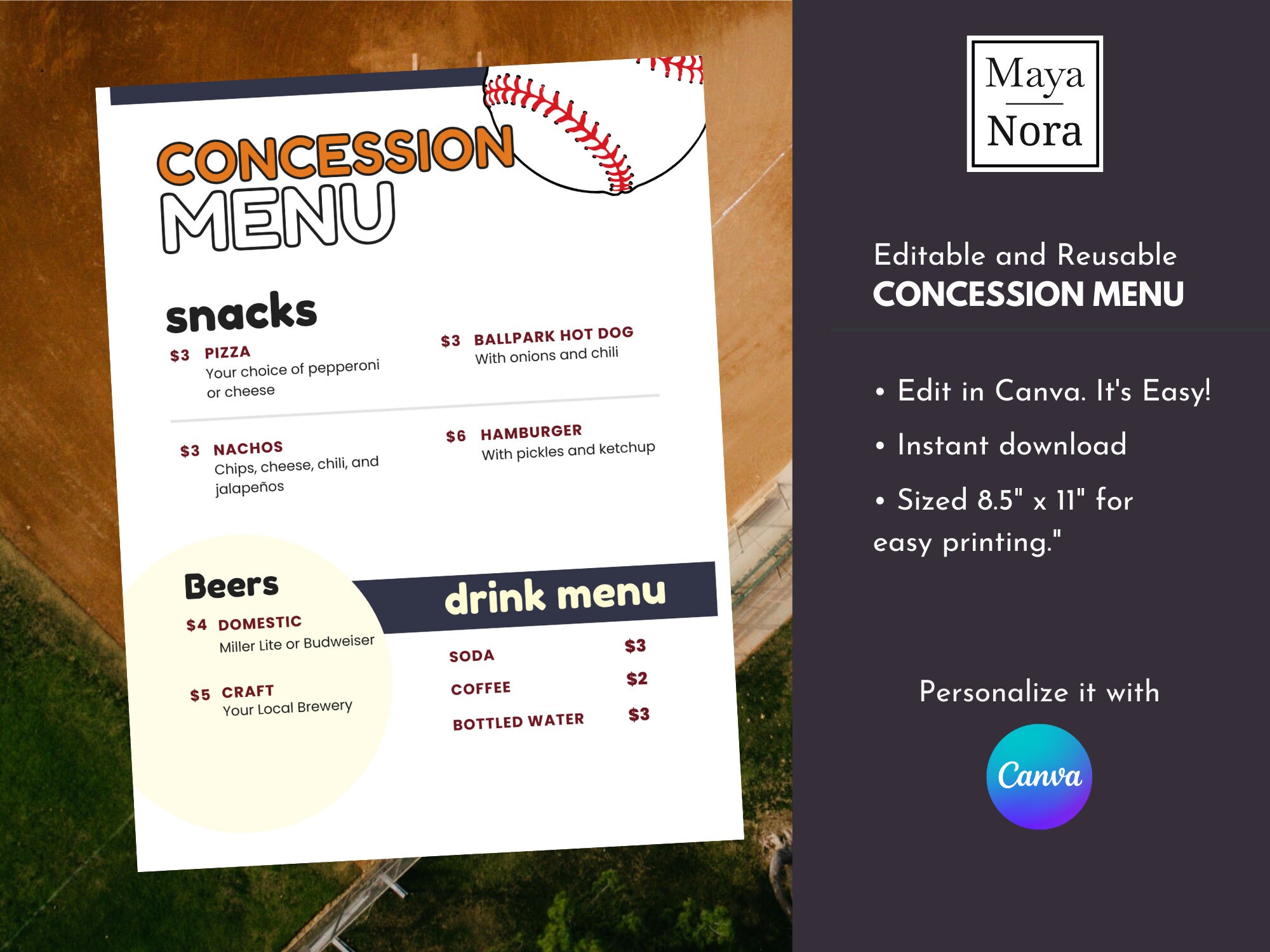 Editable Concession Stand Menu Baseball Digital Instant Download Canva ...