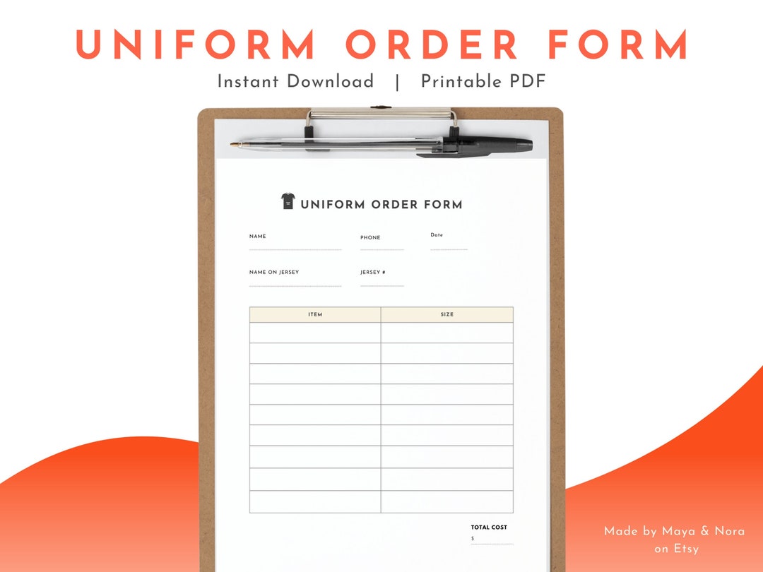 Printable Uniform Order Form, Instant Download for Soccer Coach ...
