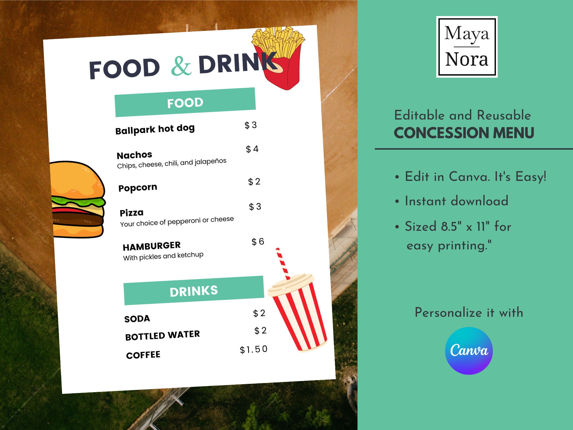 Digital Editable Concession Stand Menu Baseball Football Instant ...