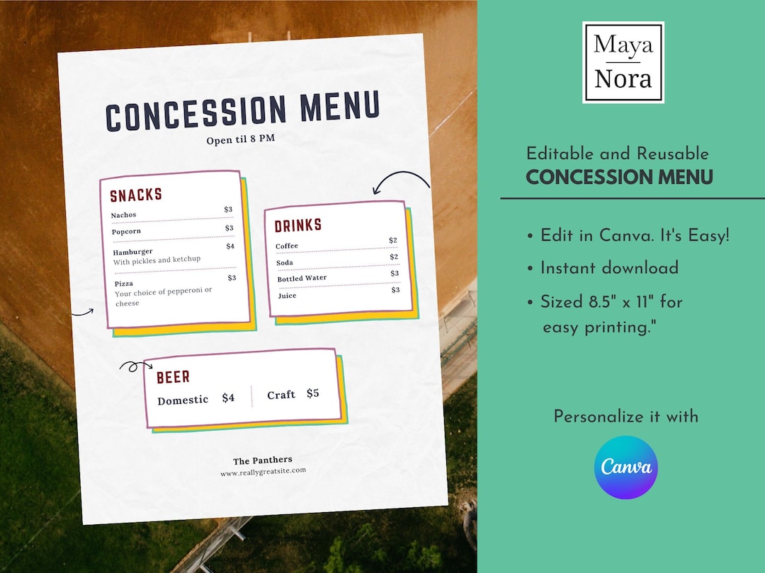 Editable Concession Stand Menu Baseball Instant Download Canva Template ...
