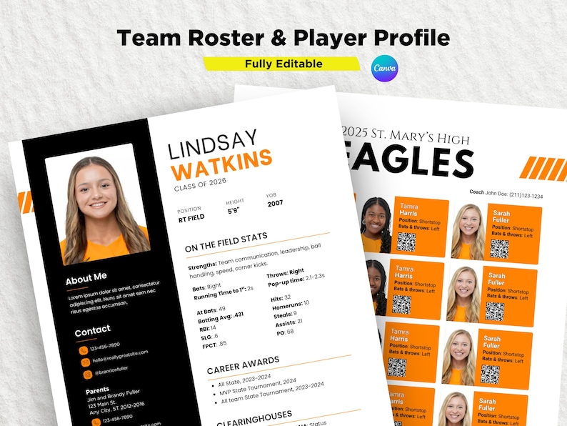 Team Sports Roster Customizable Canva Template Travel Team College ...