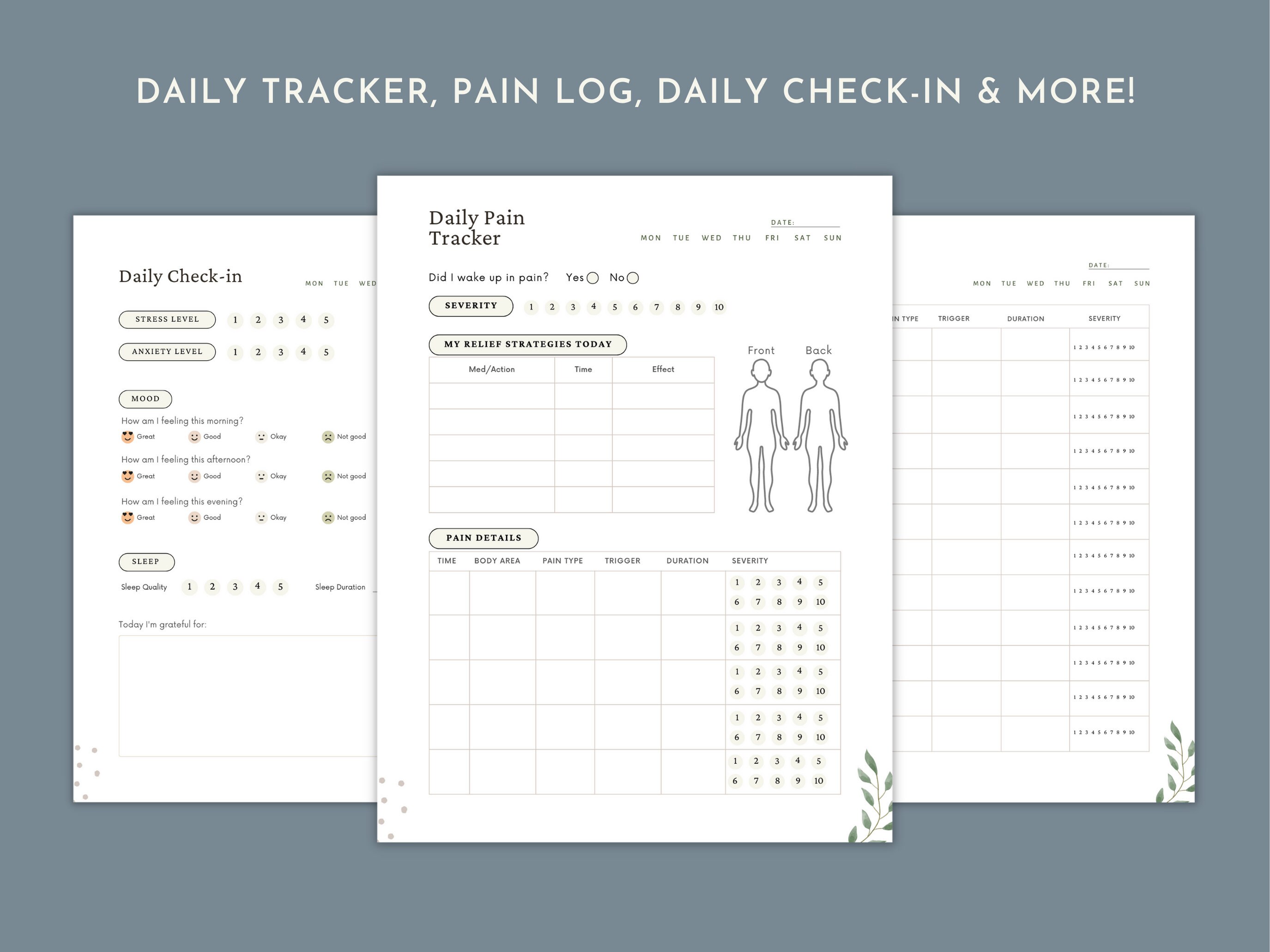 6 Chronic Pain Trackers Printable Headache Diary Spoonie Medical ...