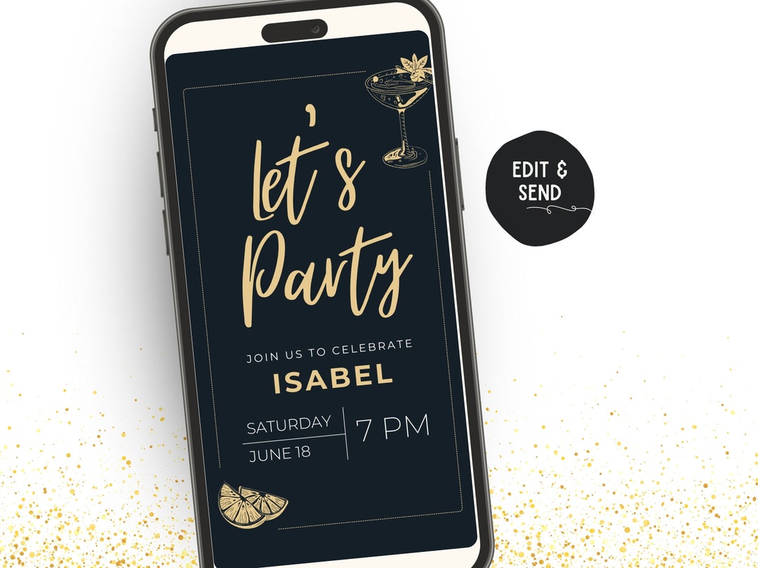 Animated Let's Party Black and Gold Classy Birthday Invitation Digital ...