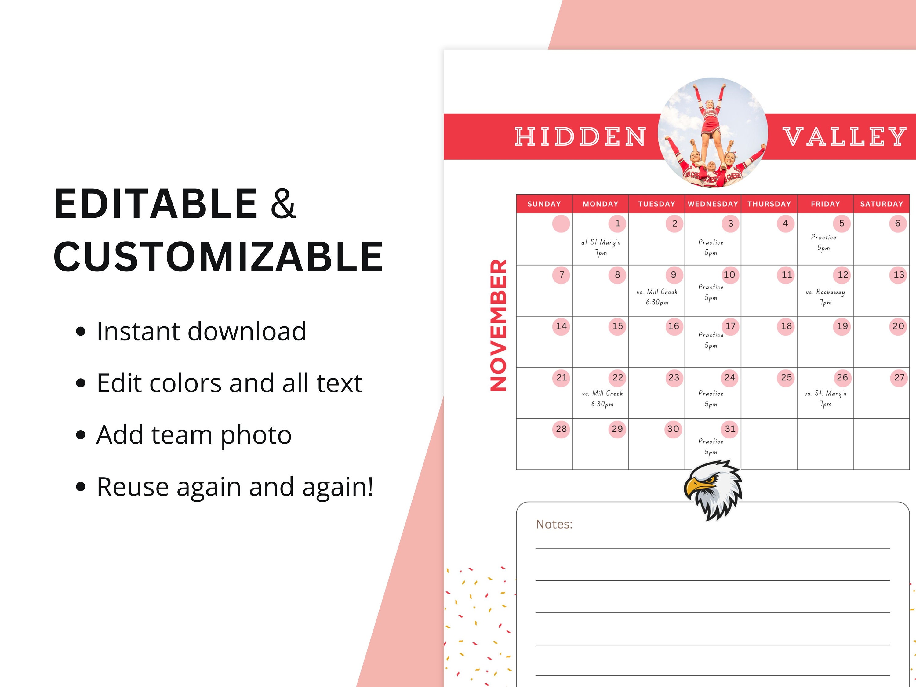 Editable Cheer Calendar Template Instant Download Practice Game ...