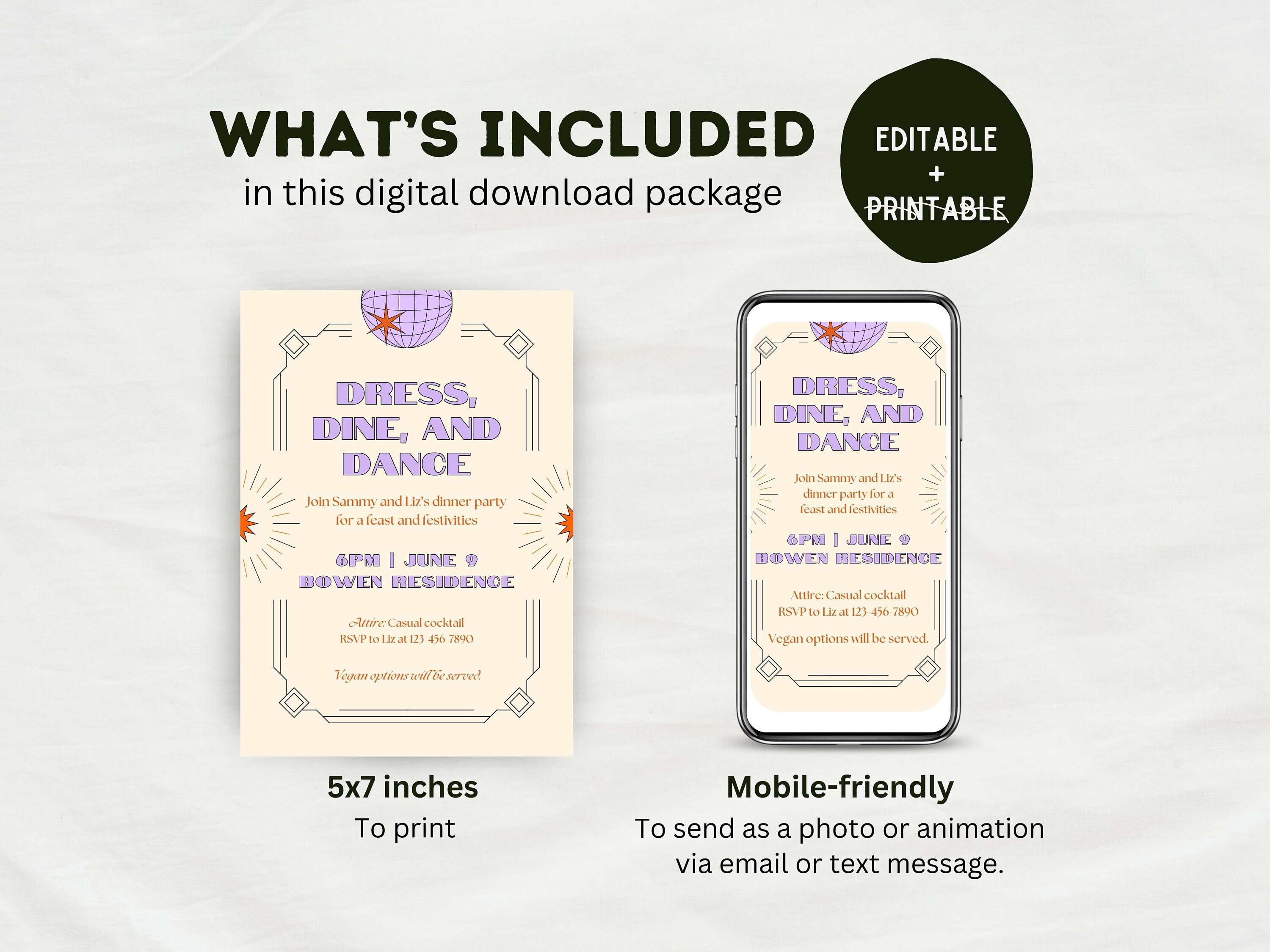 Disco Birthday Printable E-vite Party Invite, Dress Dine and Dance ...