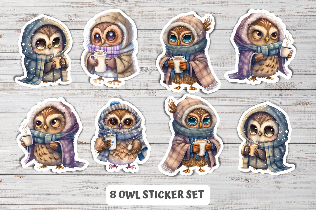 Owl Sticker Set, Winter Owl Sticker, Cute Owl Sticker Pack 8 Pcs - Etsy