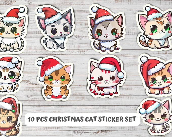 Christmas Cat Sticker Pack, Christmas Hat Cat, 10 Pcs - Etsy