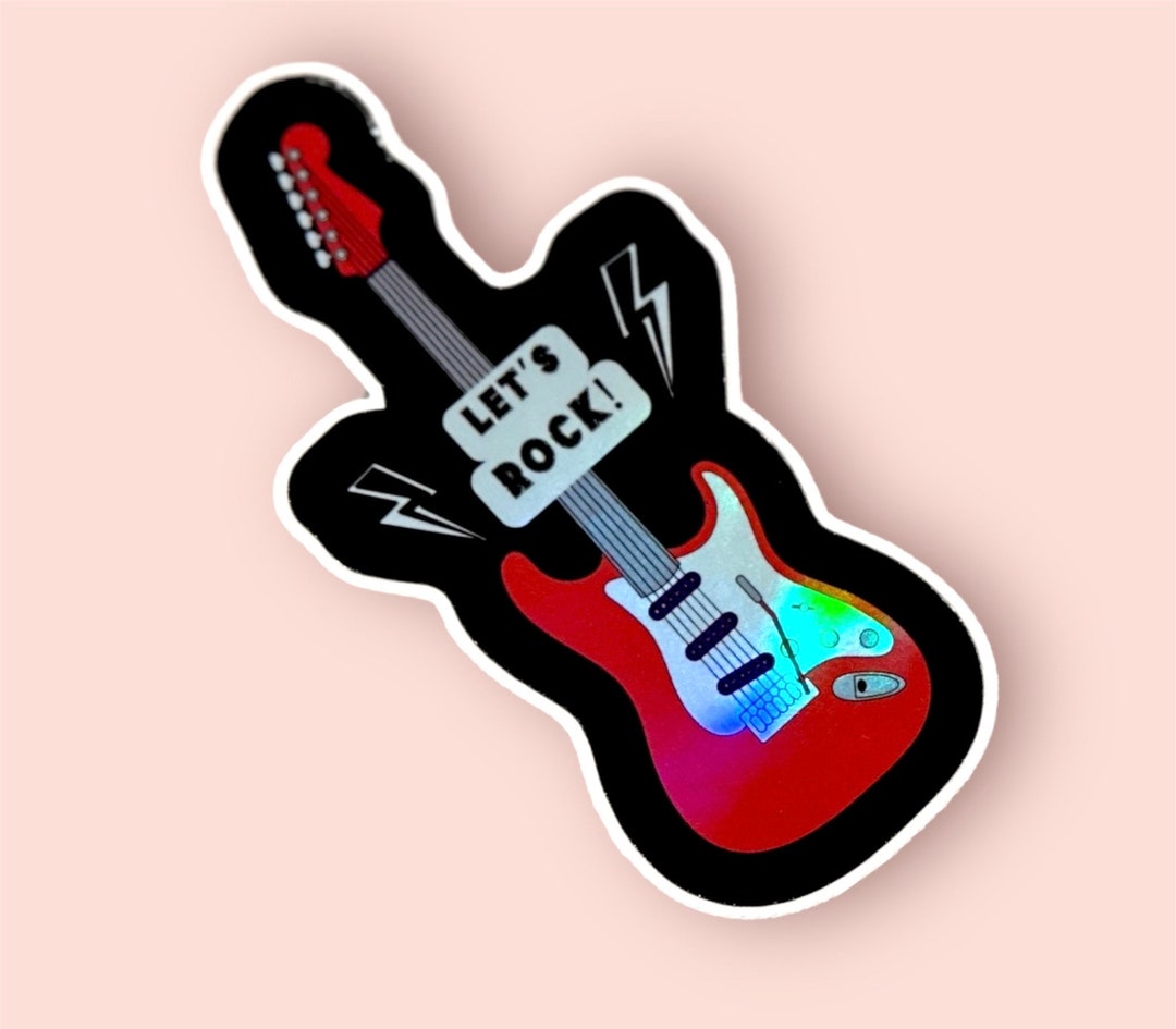 Let’s Rock Red Guitar Holographic Sticker, Guitarist Gift Sticker ...