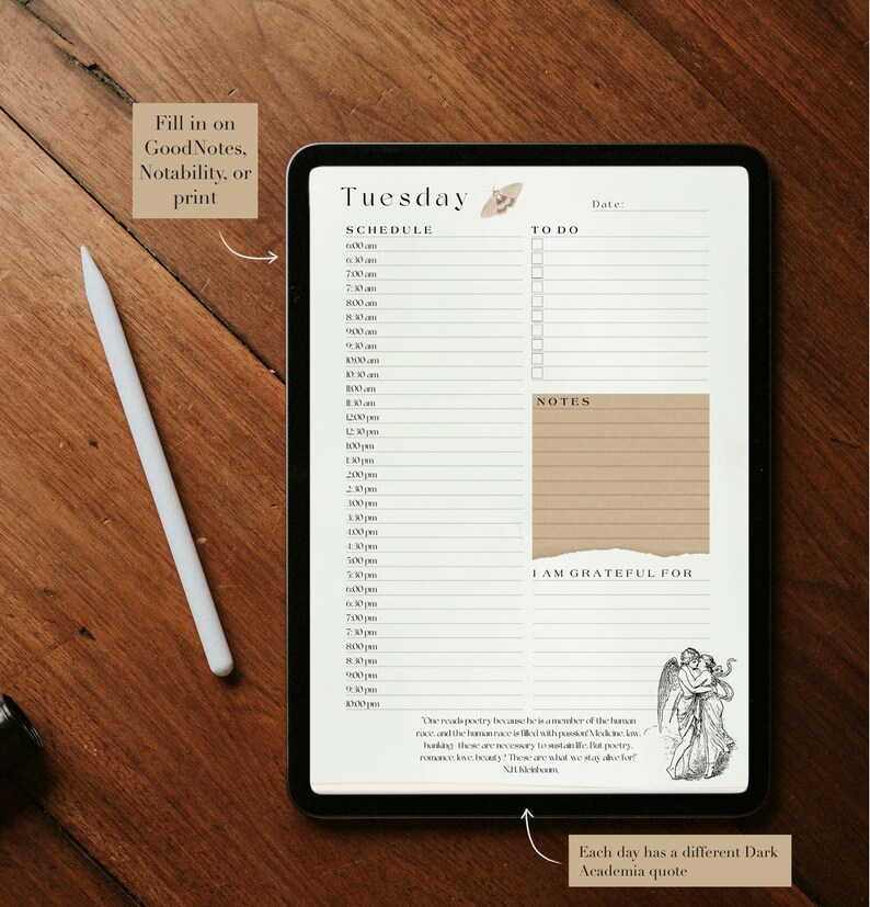 Digital and Printable Weekly Planner - Dark Academia Aesthetic - Etsy