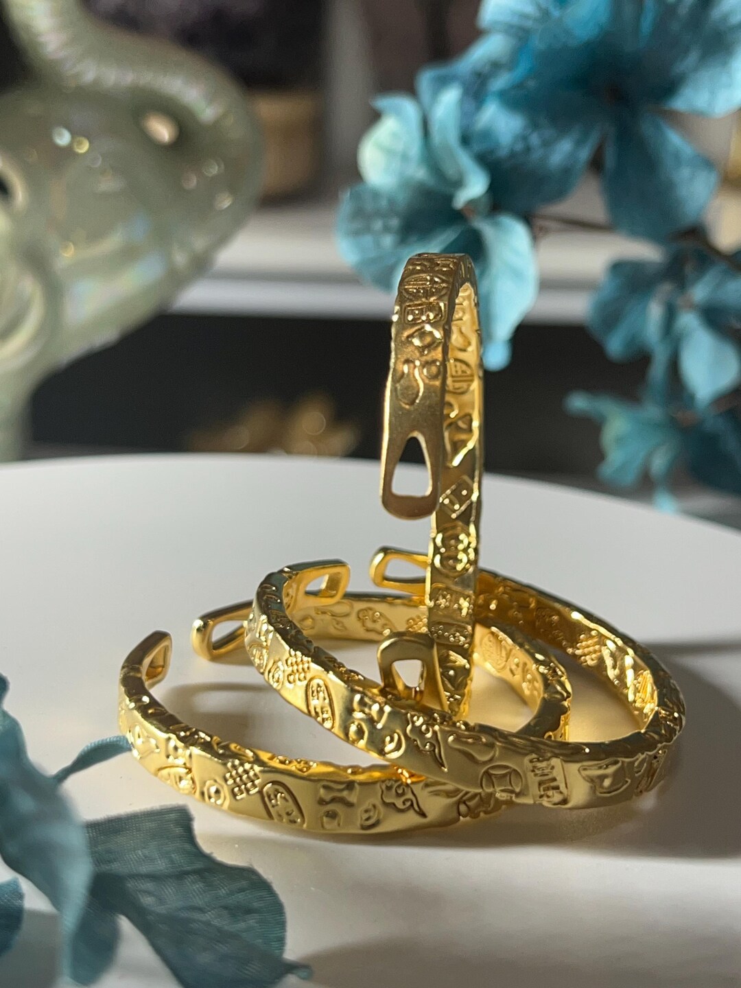 Golden Hundred Blessings Square Bangle - Chinese Bangle - Adjustable - Etsy