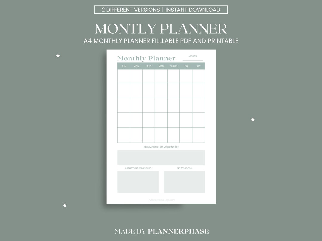 Monthly Planner, FILLABLE PDF, A4 Print Productivity Monthly Organiser ...