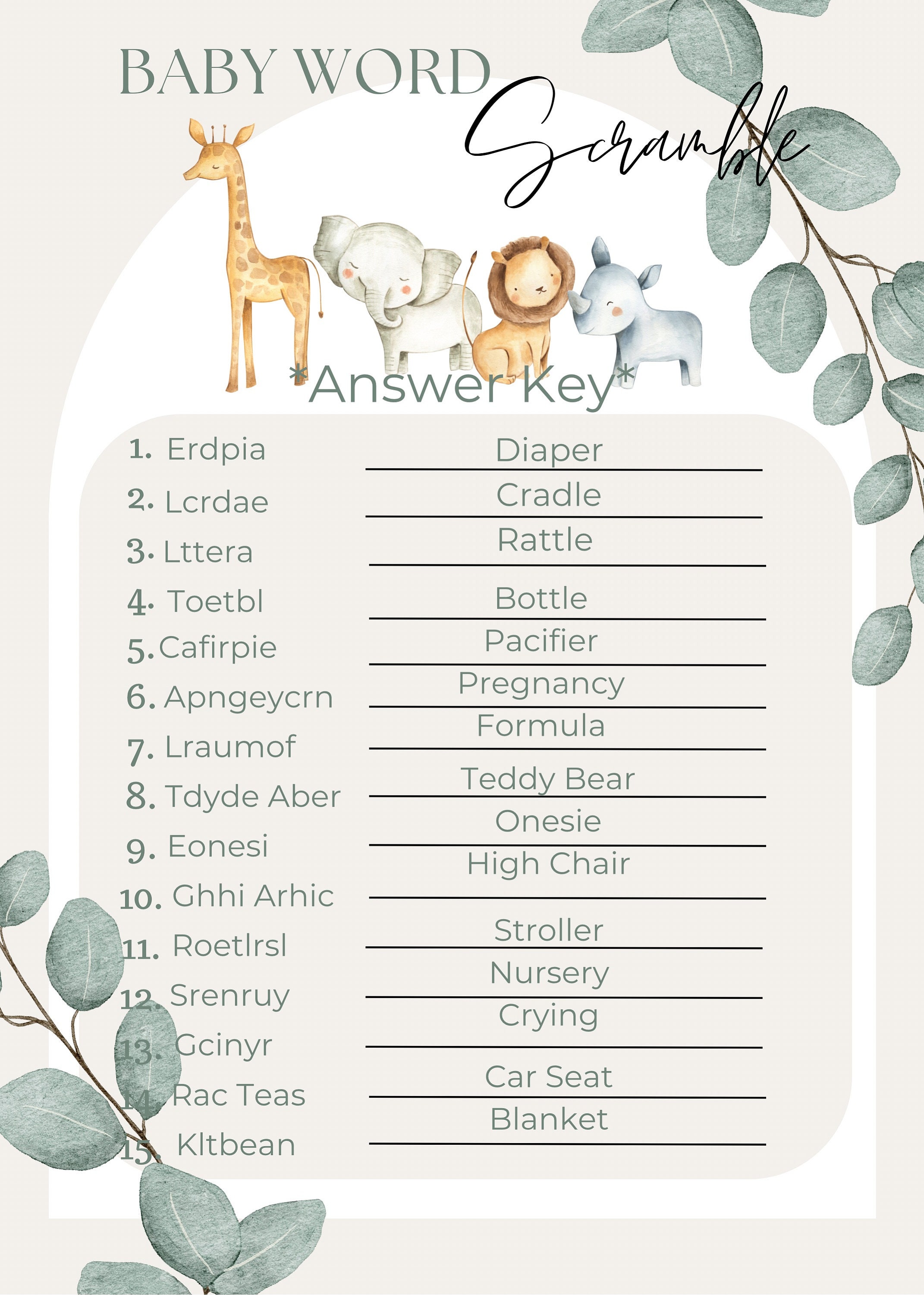 Baby Shower Word Scramble Game Safari Animals - Etsy