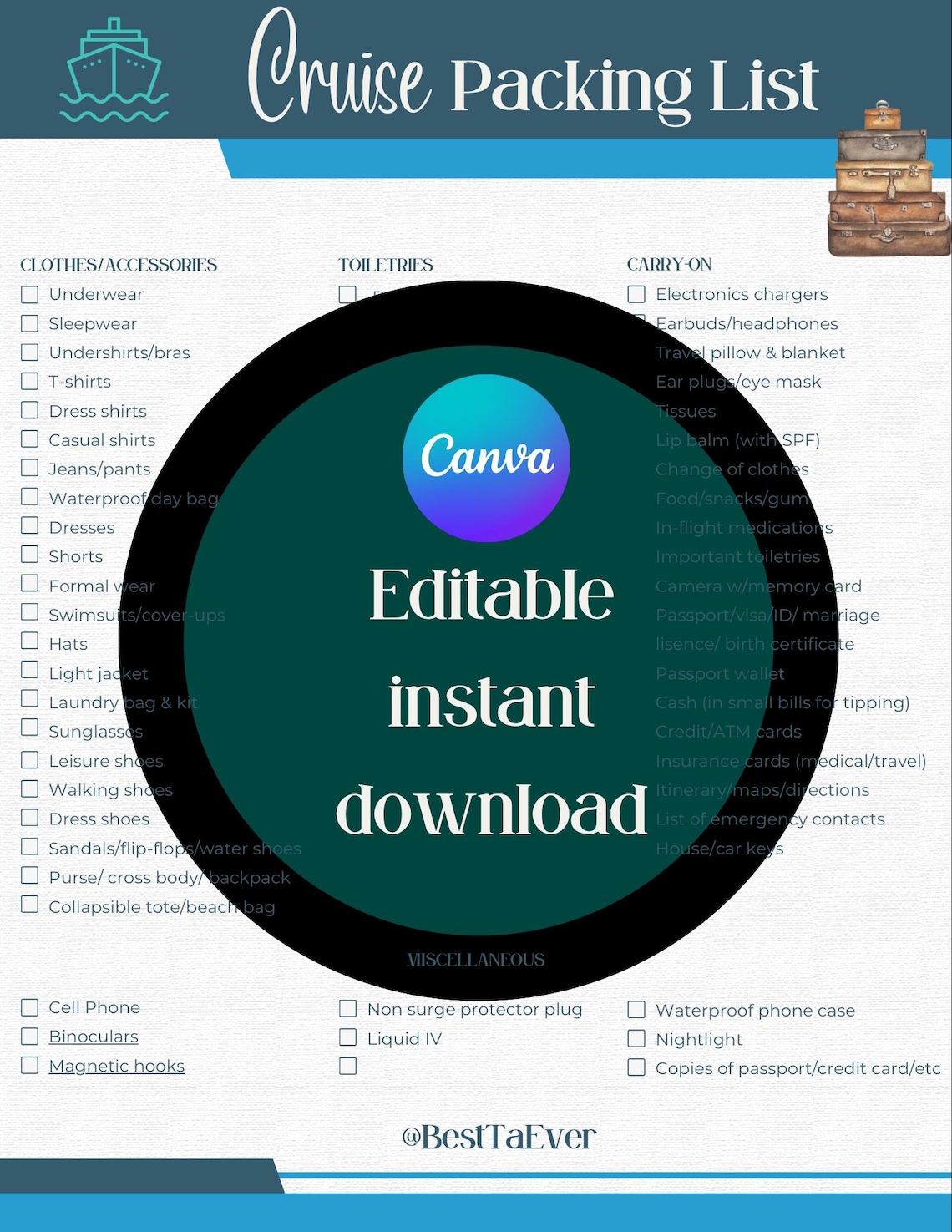 Editable Cruise Packing List - Canva Template | Instant Download ...