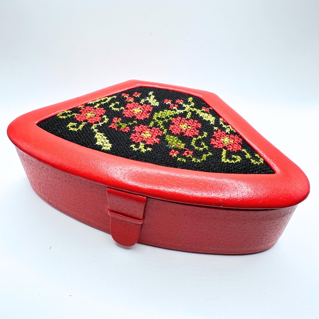 Vintage 1970s Yugoslavian Red Leather Petit Point Trinket Box | Cross ...