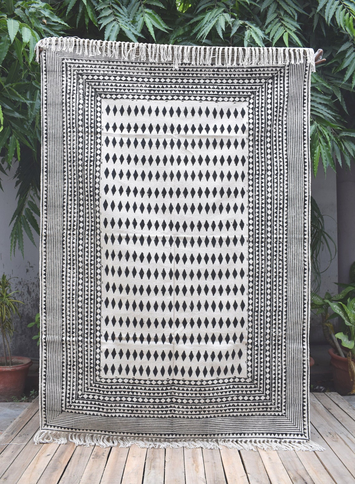 Aztec Block Printed Cotton Rug, Black and White, Authentic, Doormats ...