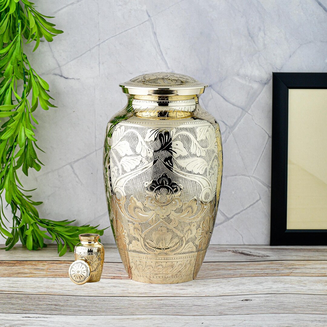 Hand-engraved Brass Memorial Urn With Floral Design & Mini Urn - Etsy