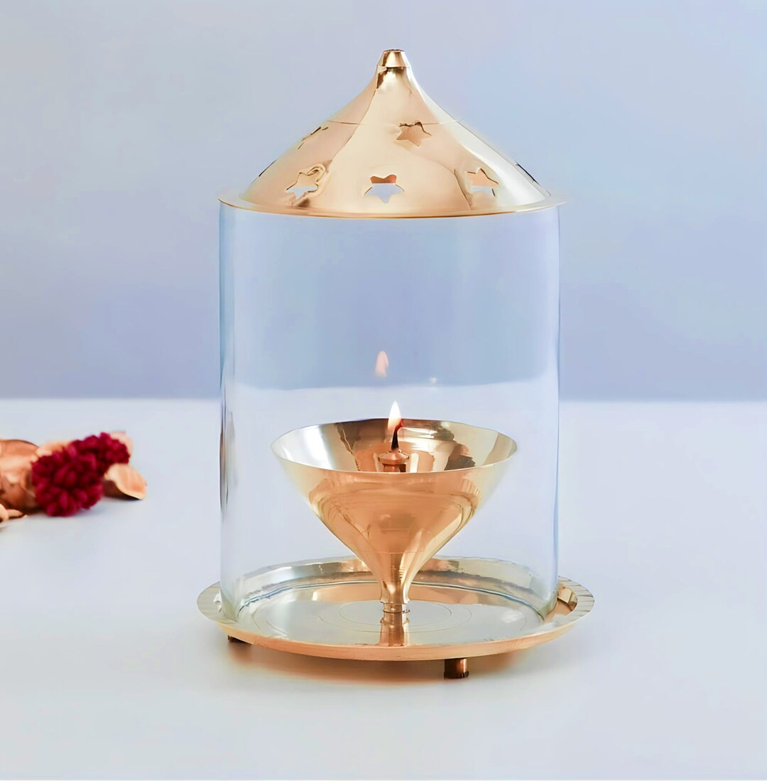 Handmade Brass Akhand Diya With Glass Cover - Pooja Mandir Decor - Etsy