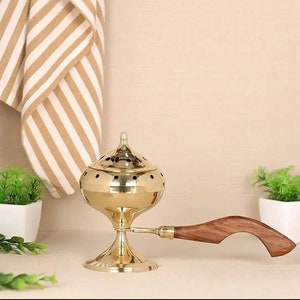 Brass Incense Burner With Wood Handle: Loban Bakhoor Dhoop Dani (4"dia ...