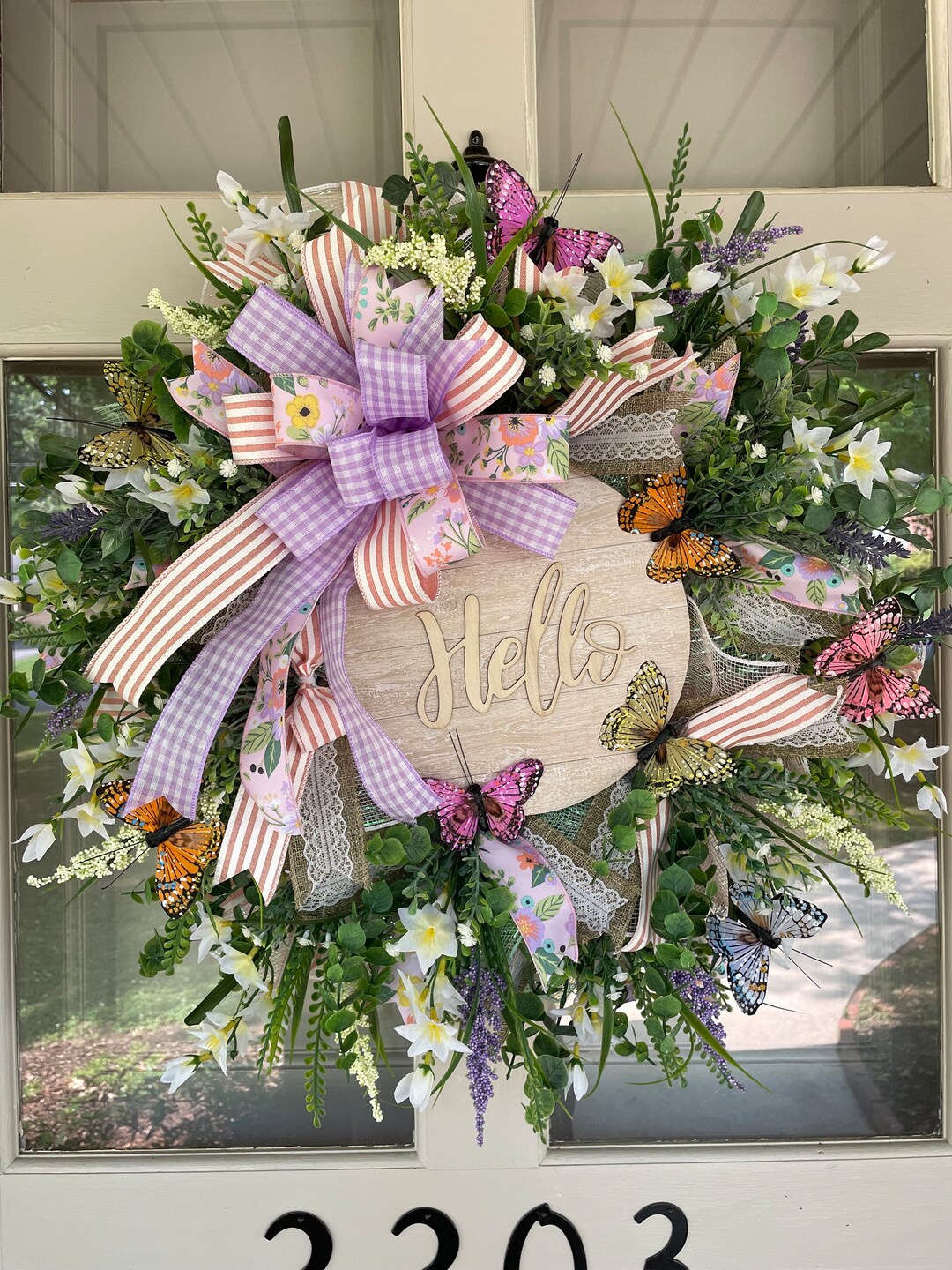 Deco Mesh Spring Summer 24” Thin Style Wreath Hello Floral Cream Peach ...