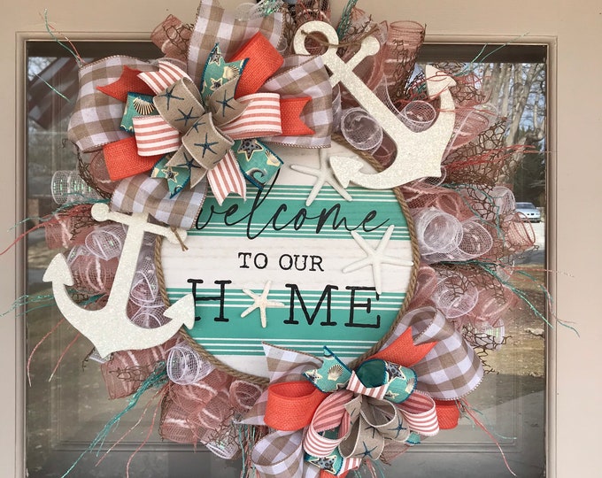 Beach Coastal Deco Mesh 24” Front Door Wreath Coral/aqua Green With ...
