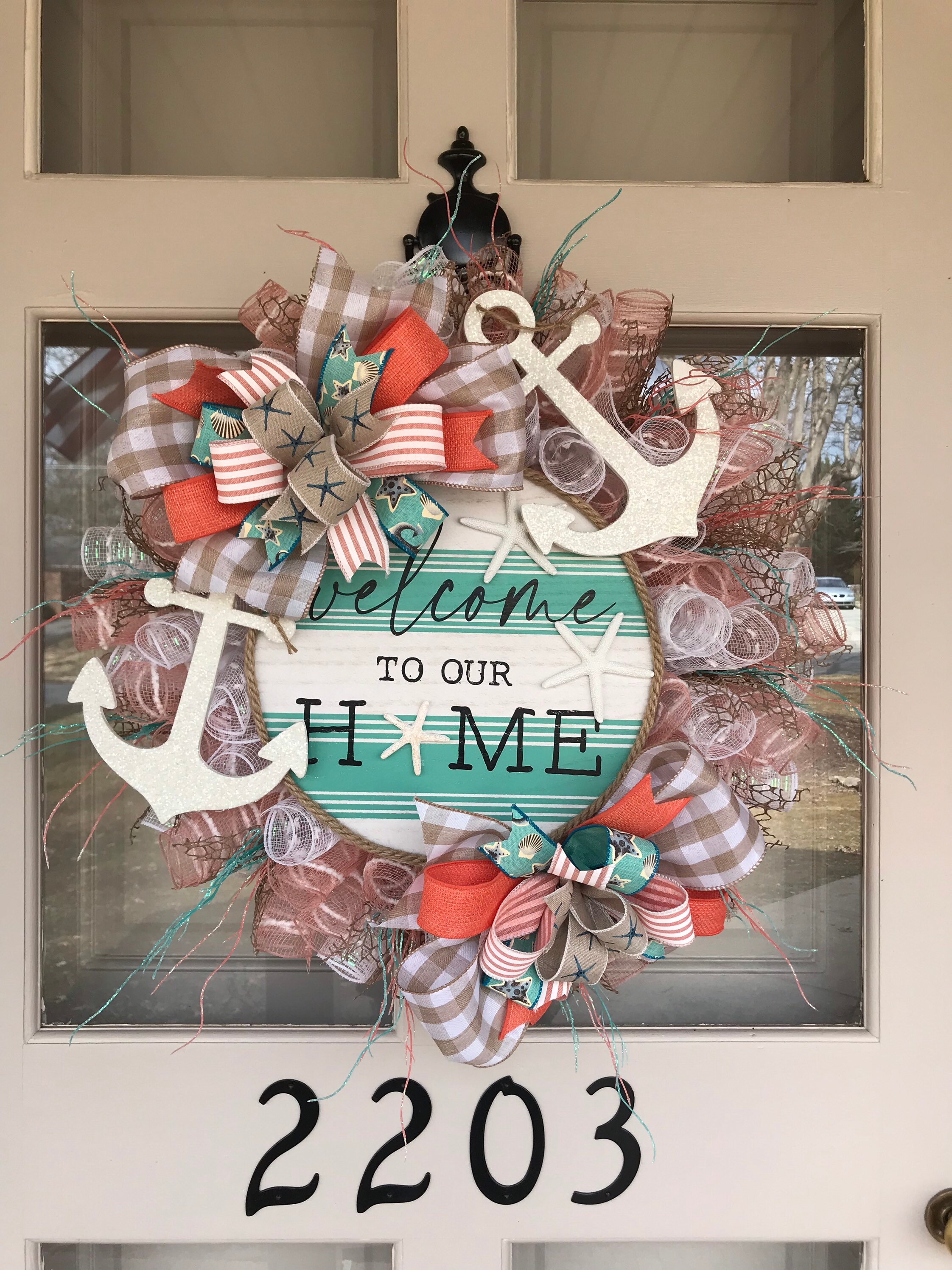 Beach Coastal Deco Mesh 24 Front Door Wreath Coral/aqua Green With ...