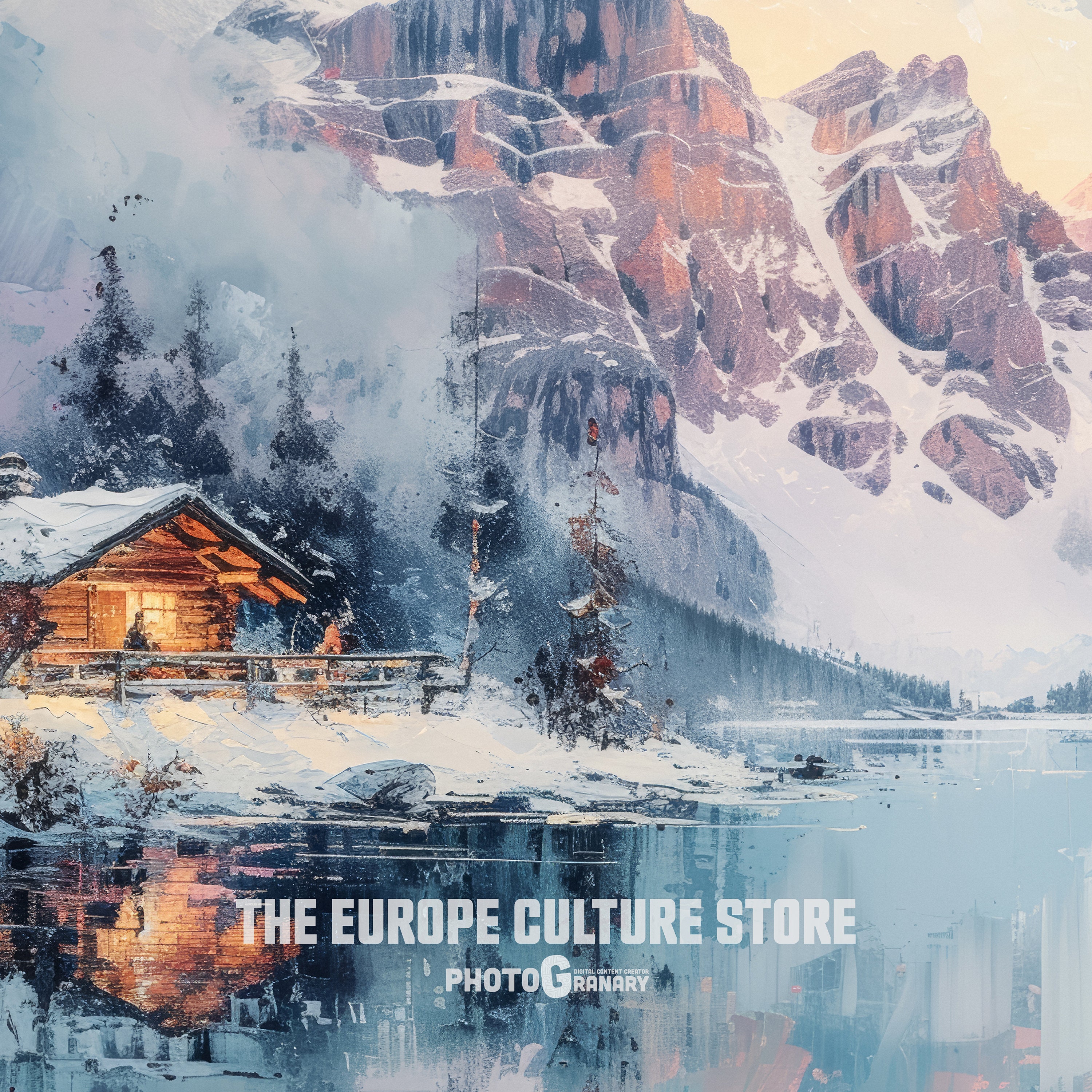 PRINTABLE Winter Cabin Retreat, Snowy Alpine Lodge Digital Art ...