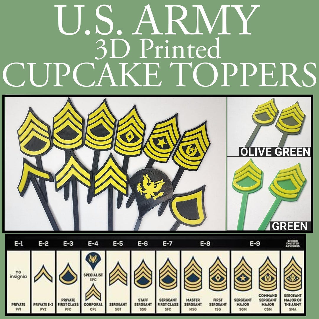 U.S. Army Cupcake Toppers, Enlisted Ranks, 3D Printed, Army, Single ...