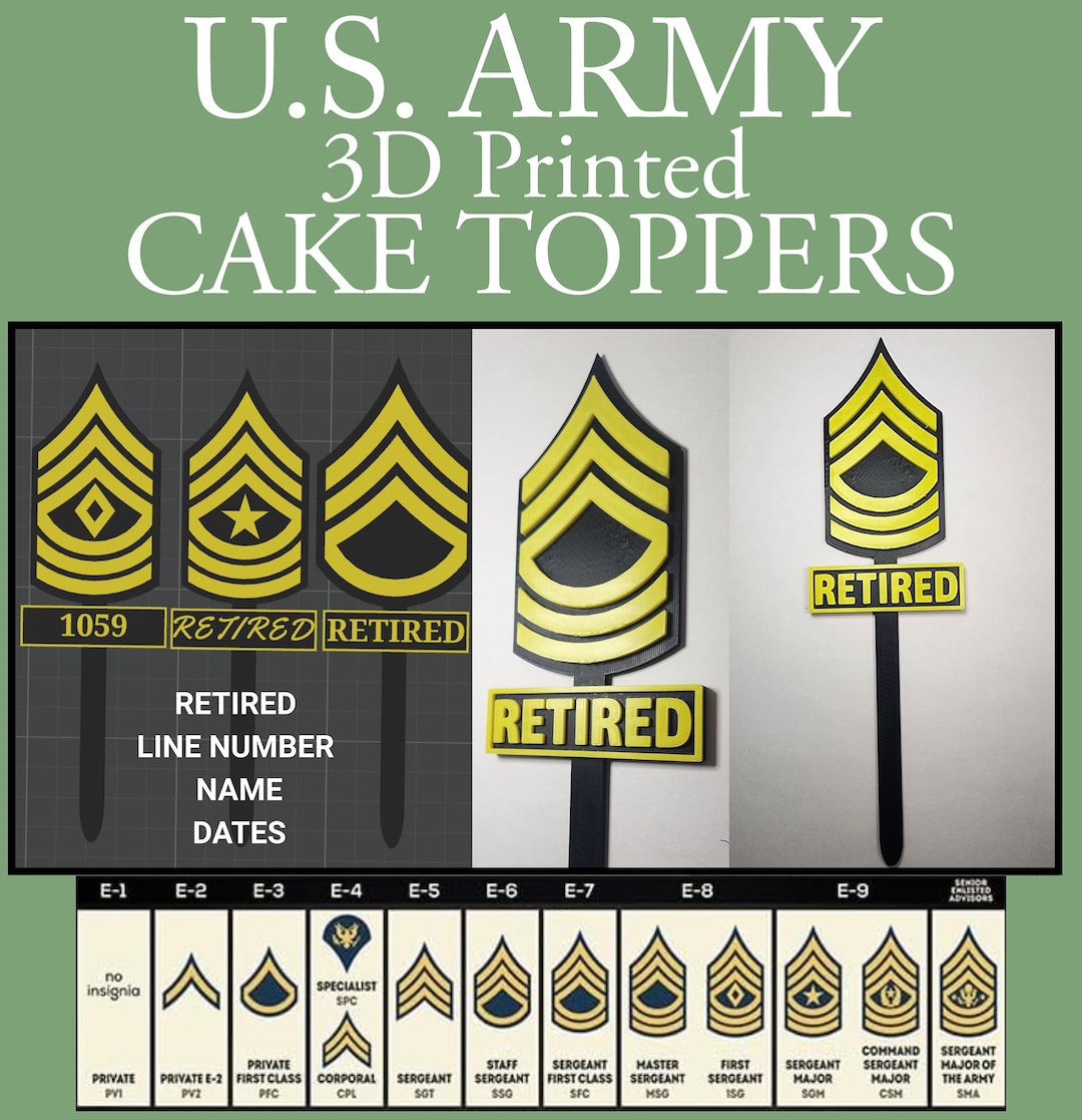 U.S. Army Cake Toppers, Enlisted Ranks, 3D Printed, Army, Single Sided ...