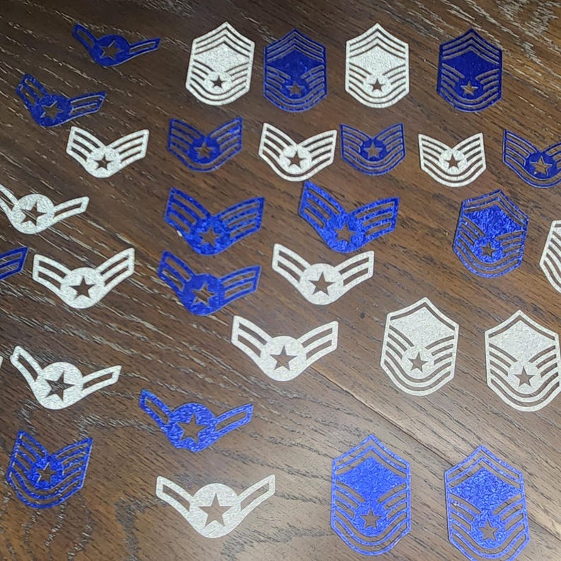 Air Force Enlisted Rank Cut Outs, Silver or Blue Glitter, Double Sided ...