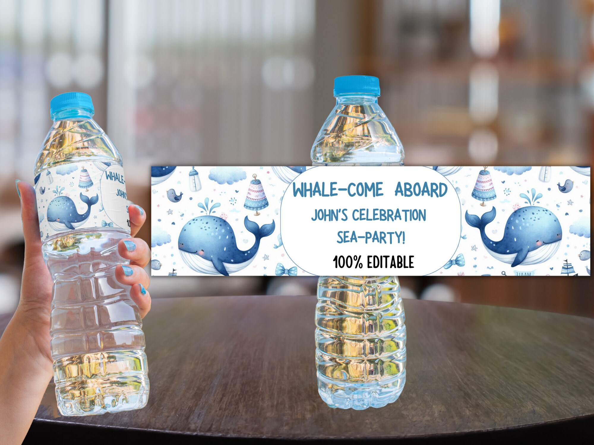 Whale Themed Water Bottle Labels Template, Editable Water Bottle Label ...