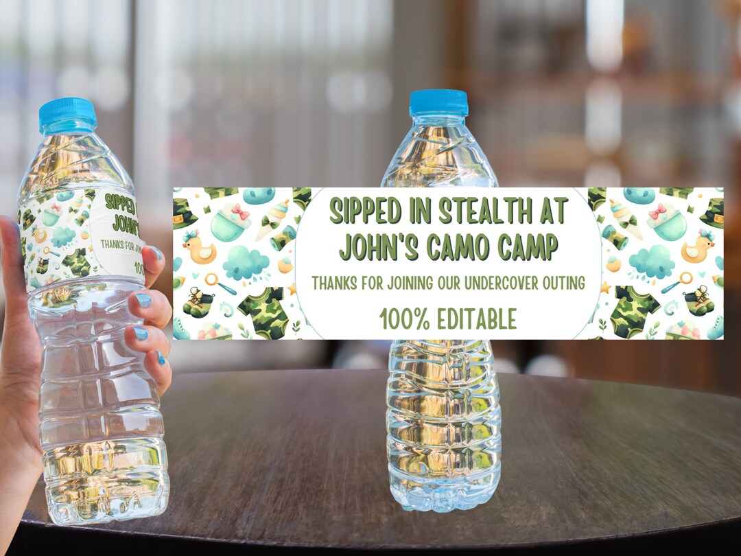 Camouflage Themed Water Bottle Labels Template, Army Editable Water ...