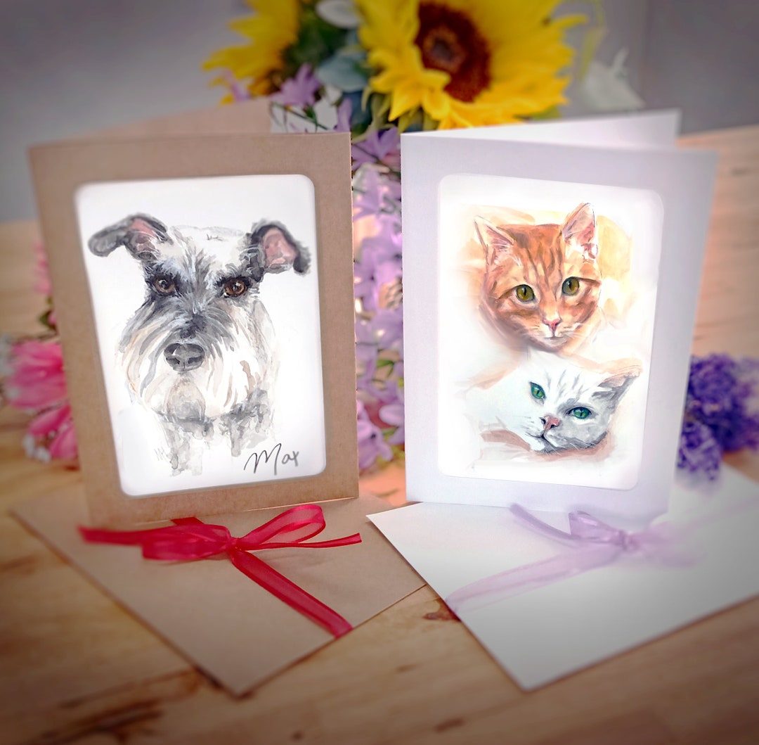 Pet Portrait Greeting Card Custom Hand Painted, Personalize Message ...