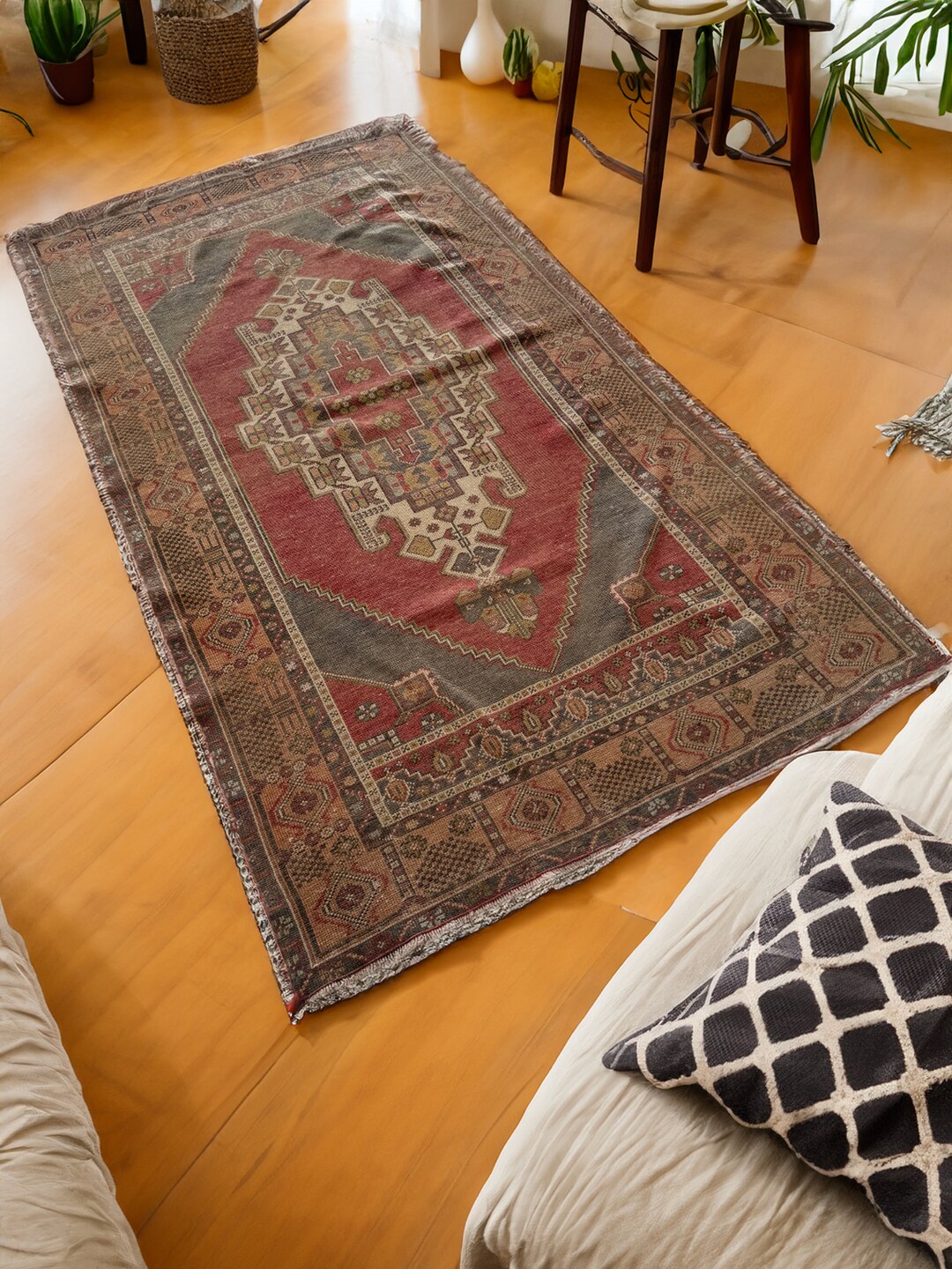 4x8 Feet Oushak Area Rug, 4x8 Red Beige Vintage Rug, Hand Knotted Soft ...