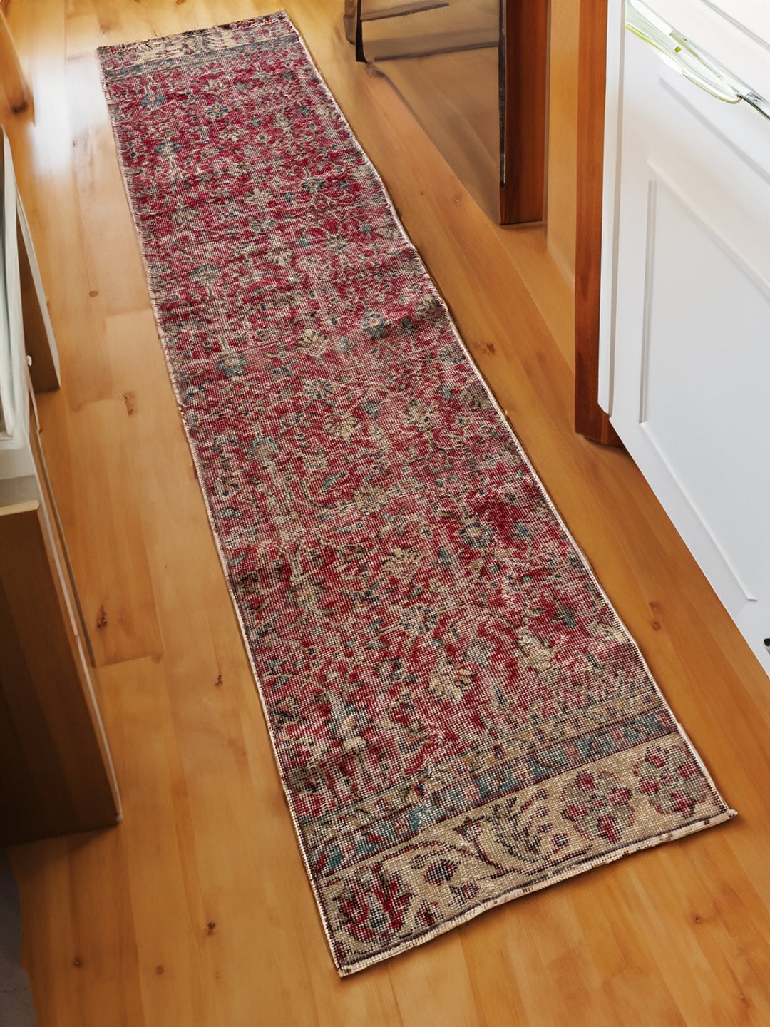 2x9 Feet Faded Vintage Runner Rug, 2x9 Red Blue Rug, 2x9 Floral Turkish ...