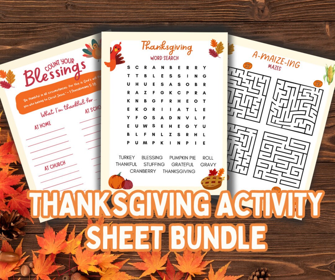 Thanksgiving Activity Sheet Bundle for Kids | Word Search, Maze, Count ...