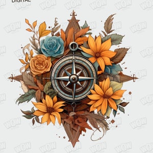 Flower Compass, Travel PNG Design, Digital Download - Etsy