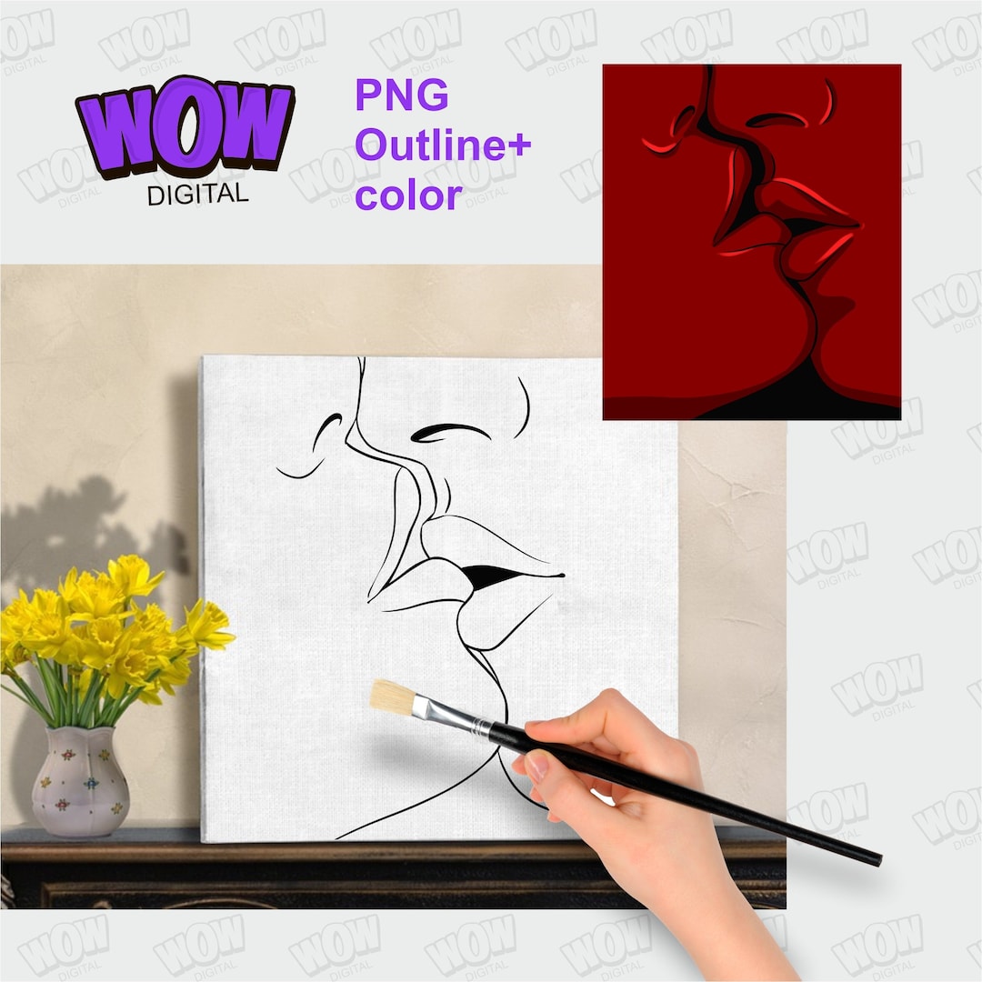 Couple Diy Paint Party, Sip and Paint Outline, Diy Paint Kit, a Kiss ...