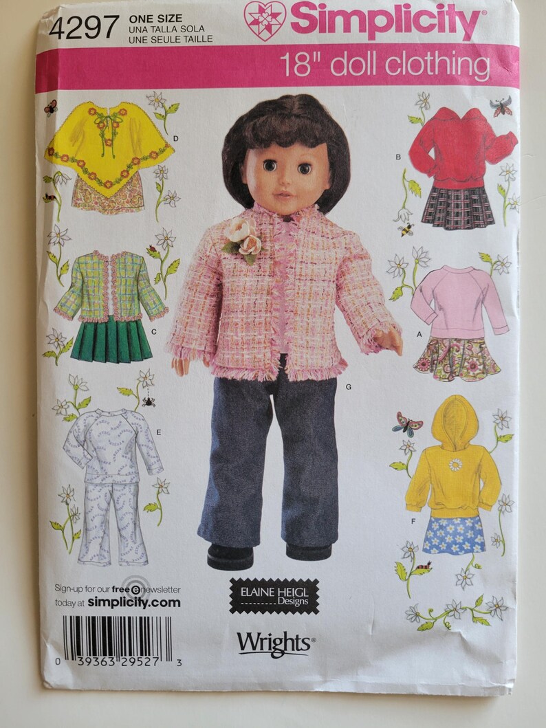 Simplicity #4297 18" Doll Sewing Pattern Skirt, Hoodie, Jacket, Jeans ...