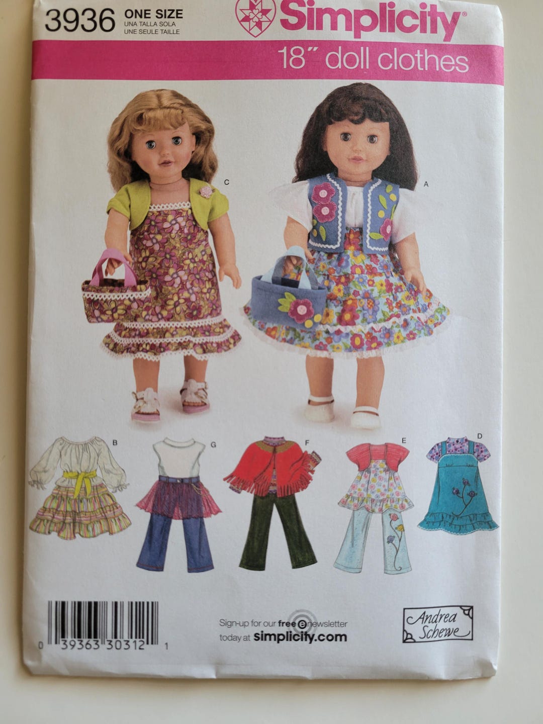 Simplicity 3936 18 Doll Sewing Pattern Skirt, Vest, Jacket, Blouse ...