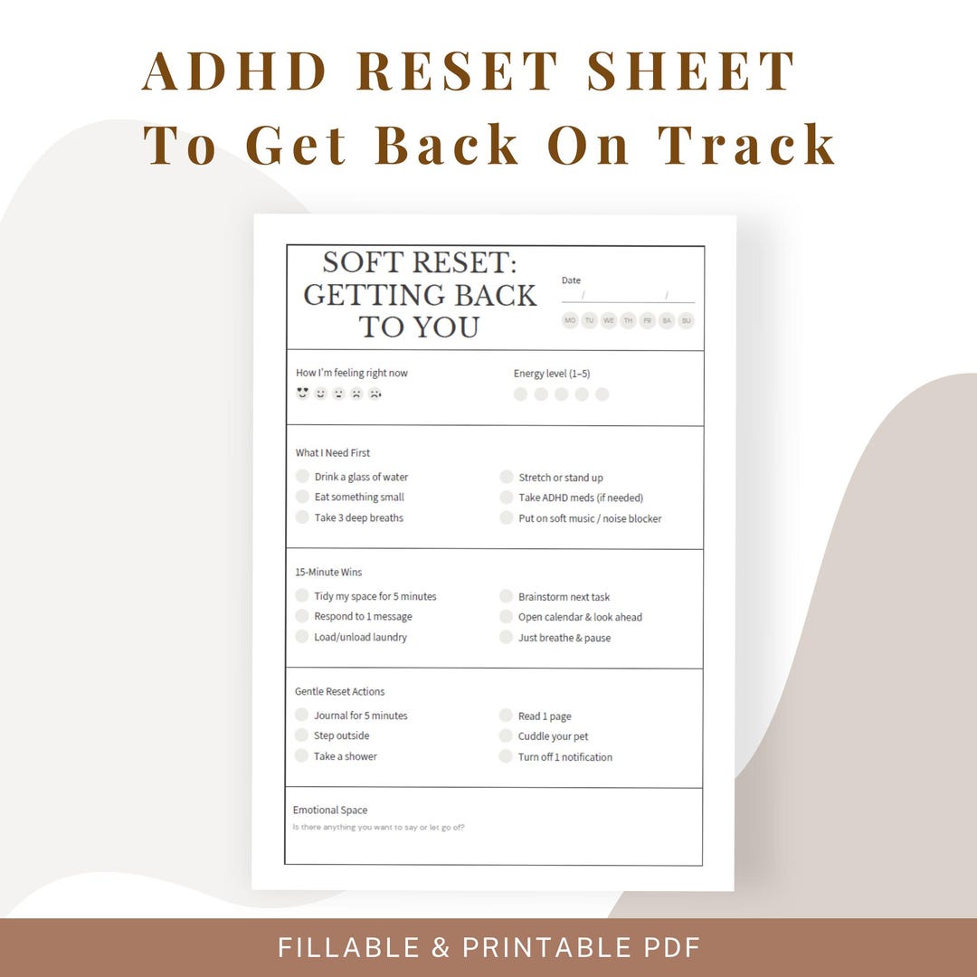 ADHD Reset Sheet - Printable & Fillable PDF | Mental Health Worksheet ...