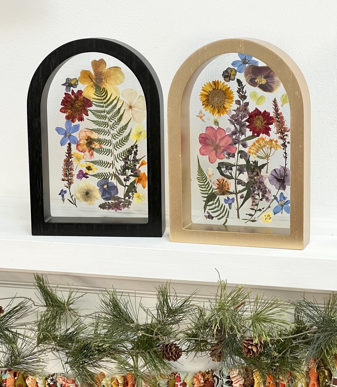 Pressed Flowers - Double Glass Gold Painted Arched Wooden Frame - Etsy