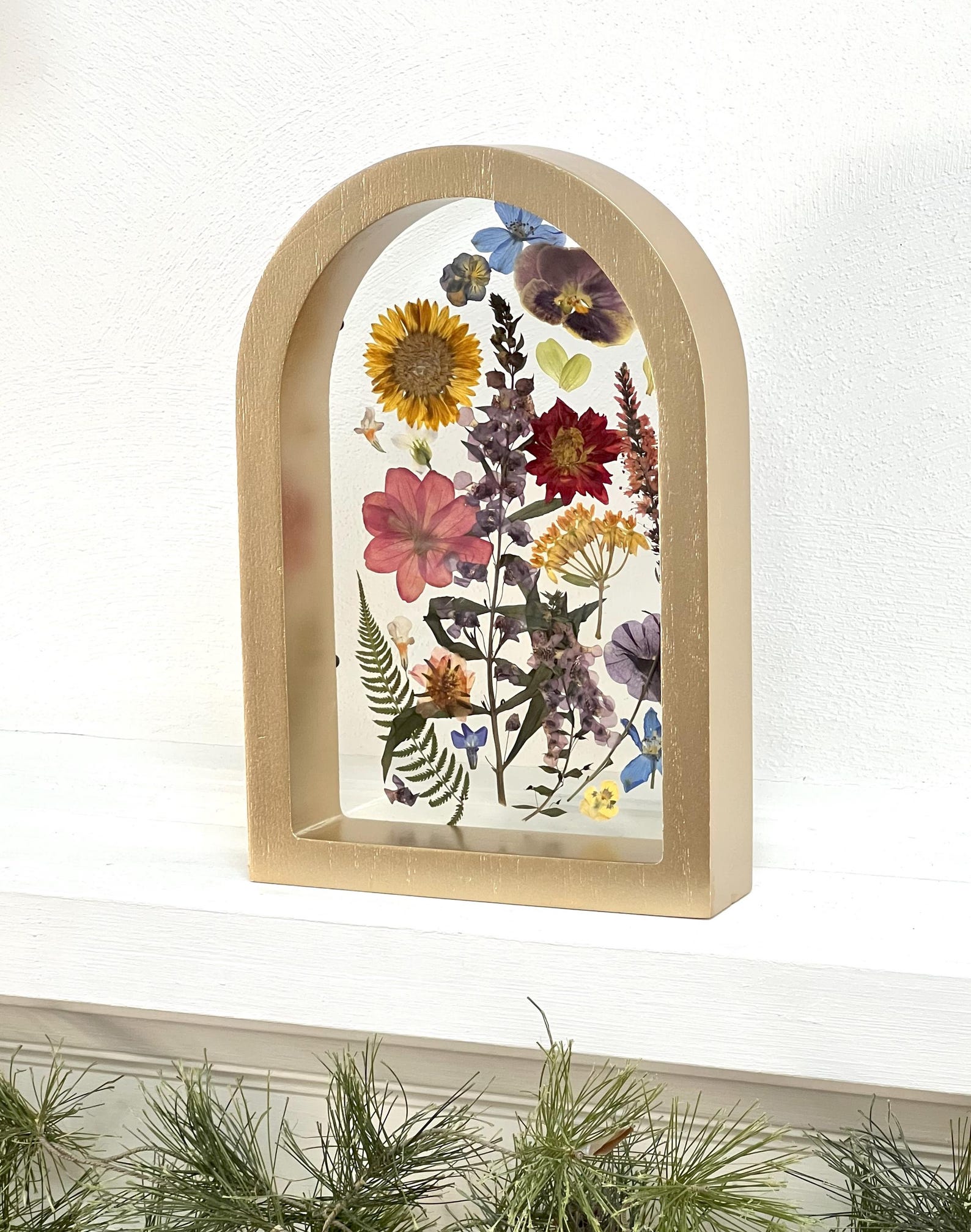 Pressed Flowers - Double Glass Gold Painted Arched Wooden Frame - Etsy