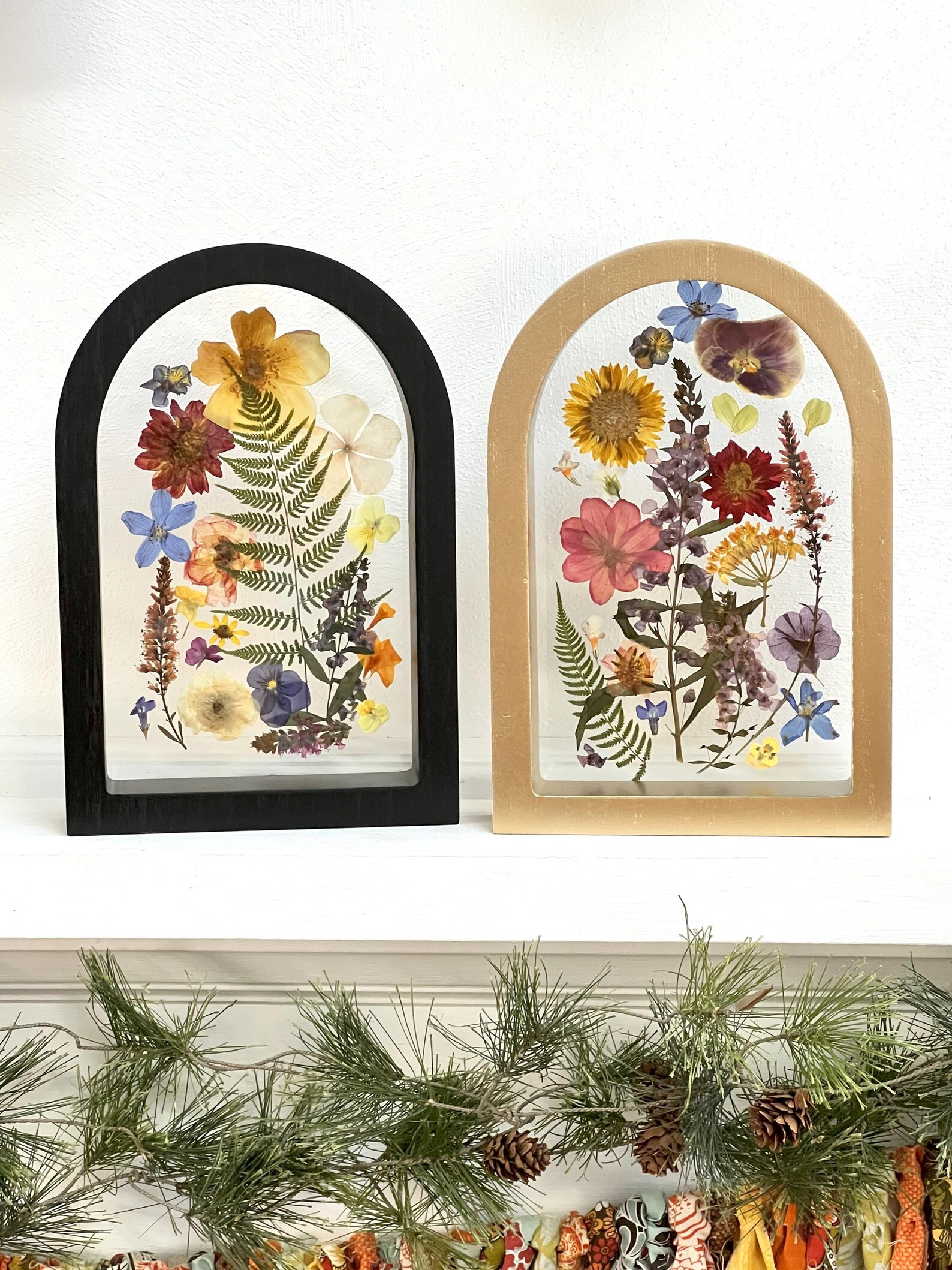 Pressed Flowers - Double Glass Gold Painted Arched Wooden Frame - Etsy