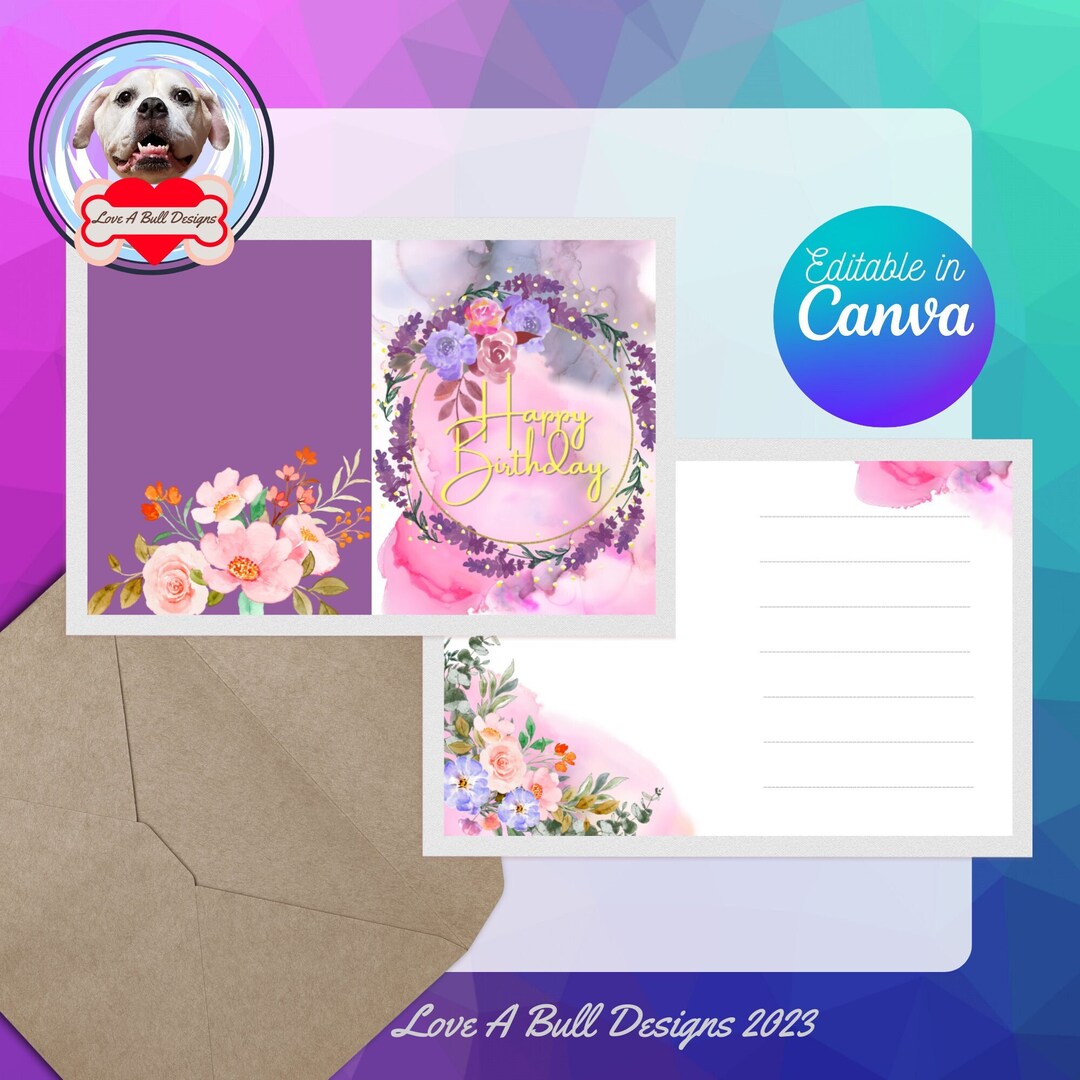 CANVA Foldable Birthday Card Template- Watercolour Flowers Birthday ...