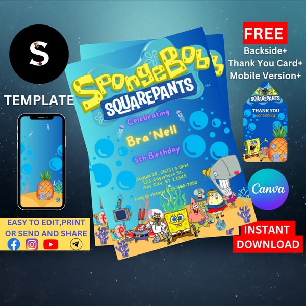 Digital Spongebob Birthday Invitation - Etsy